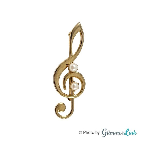 Jewelry | Vintage Treble Clef Musical Note Double Faux Pearl Gold Tone ...